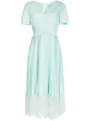 SELF-PORTRAIT Pleated Lace-trim Midi Dress