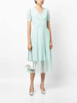 SELF-PORTRAIT Pleated Lace-trim Midi Dress