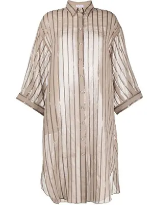 Brunello Cucinelli Sequin-embellished Striped Shirtdress - Neutrals