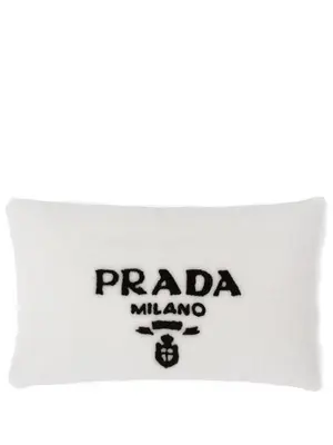 Prada Embroidered Logo Sheepskin Cushion - White