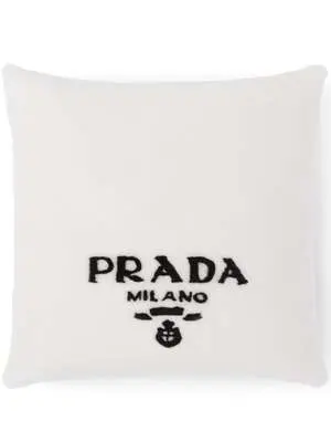 Prada Embroidered-logo Sheepskin Cushion - White