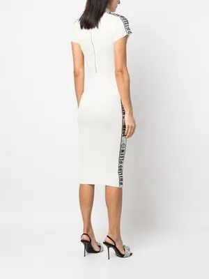 Philipp Plein Rhinestone Logo Ribbed Wool Midi Dress