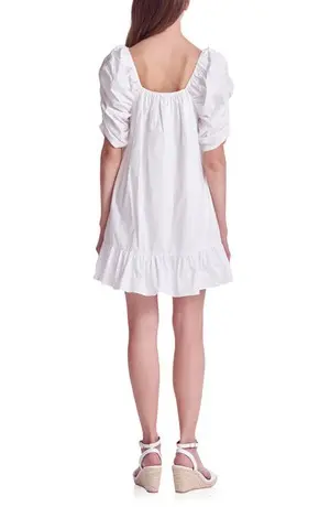 English Factory Cotton Shift Mini Dress With Puff Sleeves - White
