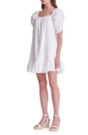 English Factory Cotton Shift Mini Dress With Puff Sleeves - White