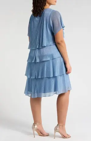 SL FASHIONS Metallic Tiered Ruffle V-neck Dress