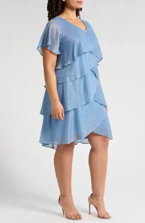 SL FASHIONS Metallic Tiered Ruffle V-neck Dress