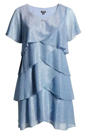 SL FASHIONS Metallic Tiered Ruffle V-neck Dress