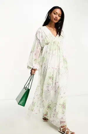 Asos Floral & Lace Patchwork Long Sleeve Trapeze Maxi Dress In White - 60%  Off | Editorialist