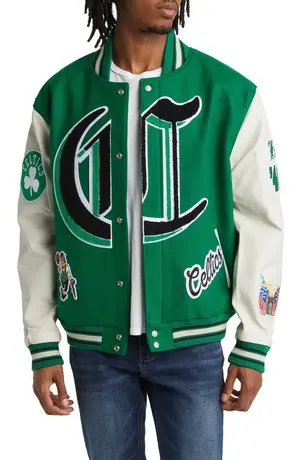 JEFF HAMILTON Boston Celtics Block Letter Wool Blend Varsity Jacket