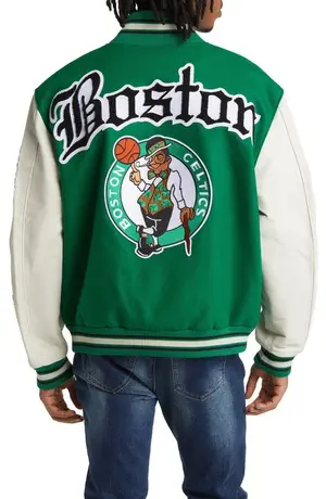 JEFF HAMILTON Boston Celtics Block Letter Wool Blend Varsity Jacket