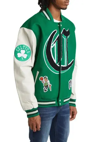 JEFF HAMILTON Boston Celtics Block Letter Wool Blend Varsity Jacket