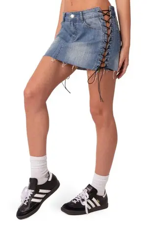 EDIKTED Denim Lace-up Mini Skirt