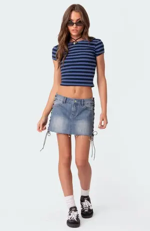 EDIKTED Denim Lace-up Mini Skirt