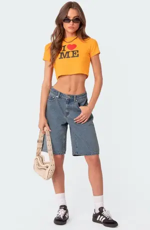 EDIKTED Oversized Low Rise Denim Bermuda Shorts