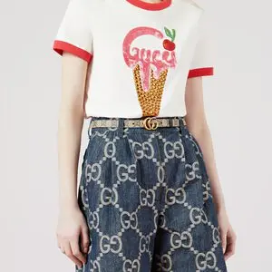 Gucci Gg Marmont Reversible Thin Belt - Beige