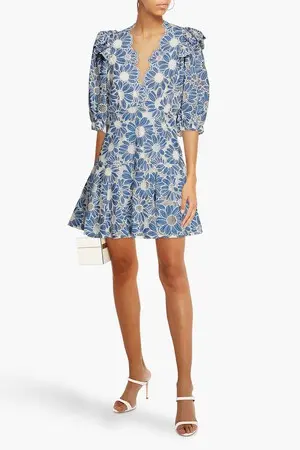 sandro audrey embroidered cotton lace dress Sandro Audrey Gathered Embroidered Cotton Mini Dress Blue Fr 40 In Slate  Blue - 50% Off