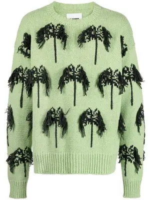 JIL SANDER Intarsia Fringed Cotton-blend Jumper - Green