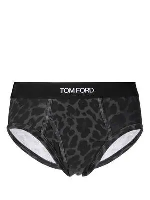 TOM FORD Logo-band Leopard-print Briefs - Grey
