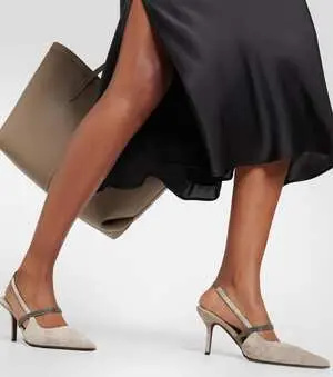 Brunello Cucinelli Monili Suede Slingback Pumps - Brown