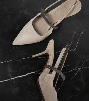 Brunello Cucinelli Monili Suede Slingback Pumps - Brown