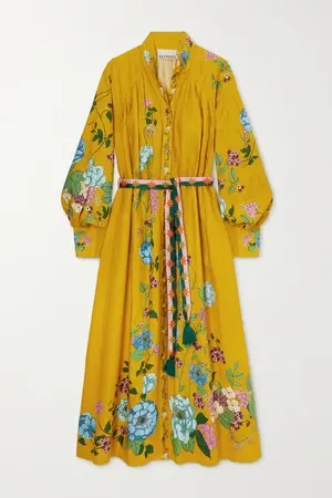 ALEMAIS Belted Pleated Floral-print Linen Midi Dress