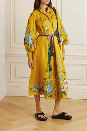 ALEMAIS Belted Pleated Floral-print Linen Midi Dress