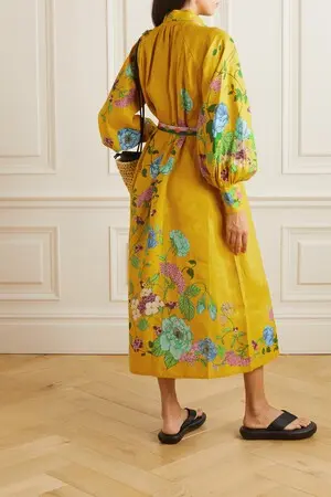 ALEMAIS Belted Pleated Floral-print Linen Midi Dress
