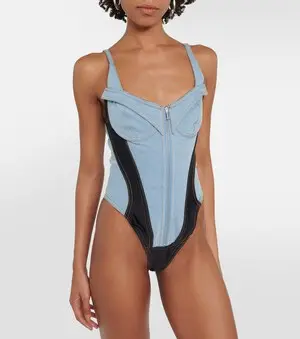 MUGLER Paneled Denim Bodysuit
