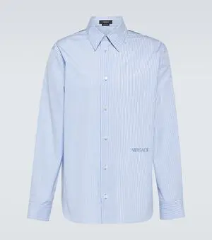 Versace Embroidered Pinstriped Cotton Shirt - Blue