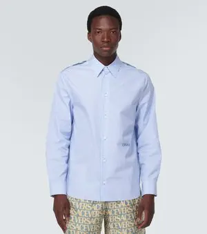 Versace Embroidered Pinstriped Cotton Shirt - Blue