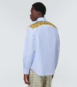 Versace Embroidered Pinstriped Cotton Shirt - Blue