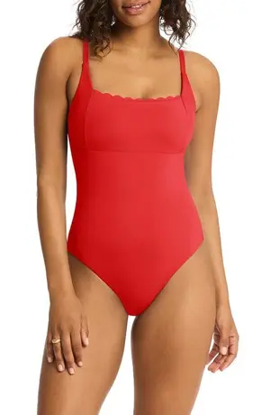 SEA LEVEL Sea Level Scalloped Square Neck One-Piece Swimsuit Red