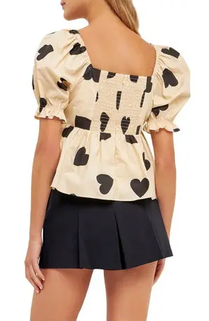 English Factory Heart Print Puff Sleeve Blouse