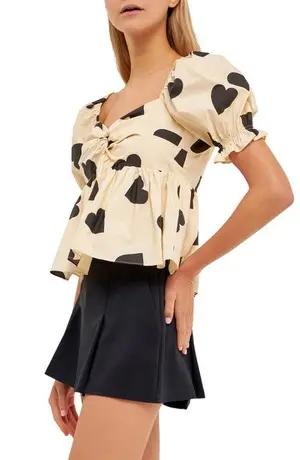 English Factory Heart Print Puff Sleeve Blouse
