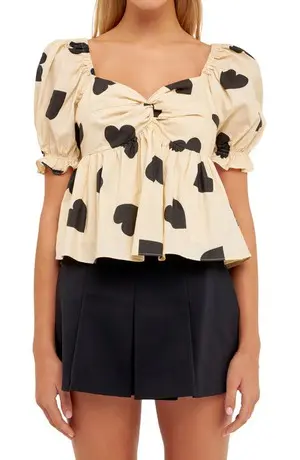English Factory Heart Print Puff Sleeve Blouse