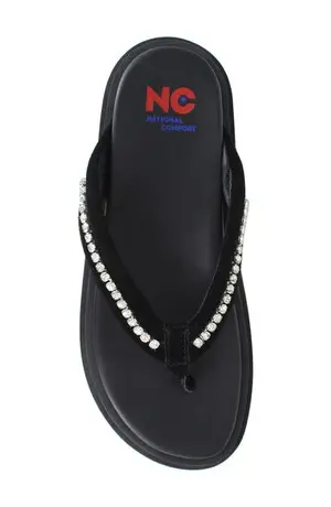 NATIONAL COMFORT Kayra Crystal Platform Flip Flop - Black Suede