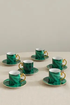 L'Objet Malachite Set Of Six Porcelain Espresso Cups And Saucers - Green
