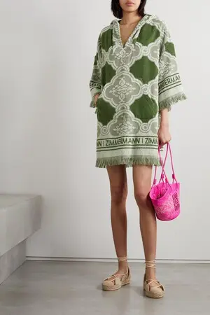 Zimmermann Hooded Fringed Cotton-terry Jacquard Coverup