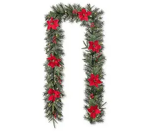 GLITZHOME 9' Pre-lit Poinsettia, Red Berries Christmas Garland - One-color