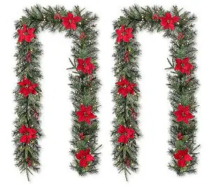 GLITZHOME 9' Pre-lit Poinsettia Christmas Garlands S/2 - One-color