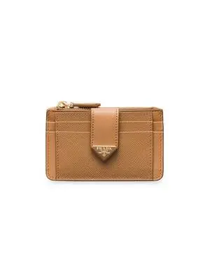 Prada Saffiano And Smooth Leather Card Holder Dark Beige