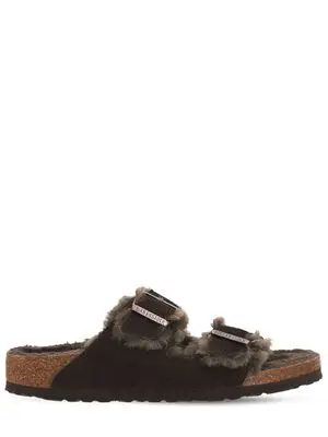 BIRKENSTOCK Arizona Shearling & Suede Sandals - Dark Brown