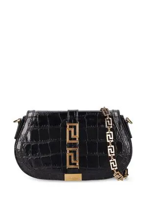 Versace Medium Croc Embossed Leather Bag - Black