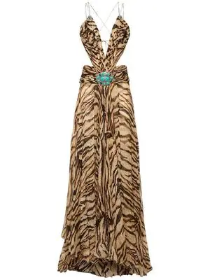 Roberto Cavalli Tiger Print Chiffon Cutout Long Dress In Multicolor - 75%  Off | Editorialist