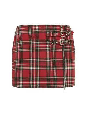 Alessandra Rich Tartan Mini Skirt W/ Buckles In Red 60% Off
