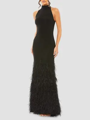 Mac Duggal Feathered Jersey Halter Gown - Black