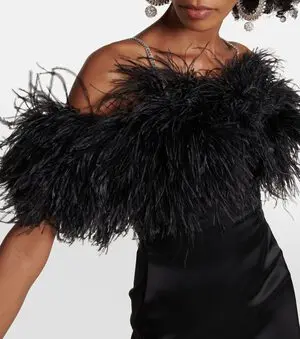 David Koma Feather-trimmed Satin Midi Dress - Black