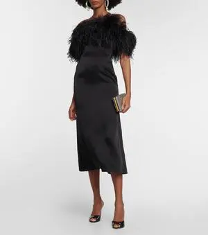 David Koma Feather-trimmed Satin Midi Dress