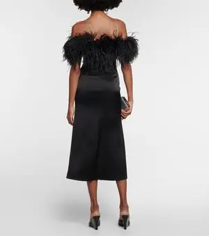 David Koma Feather-trimmed Satin Midi Dress