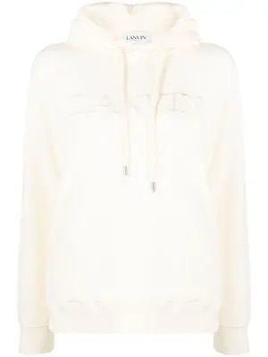 LANVIN Logo-embroidered Fleece Hoodie - Neutrals